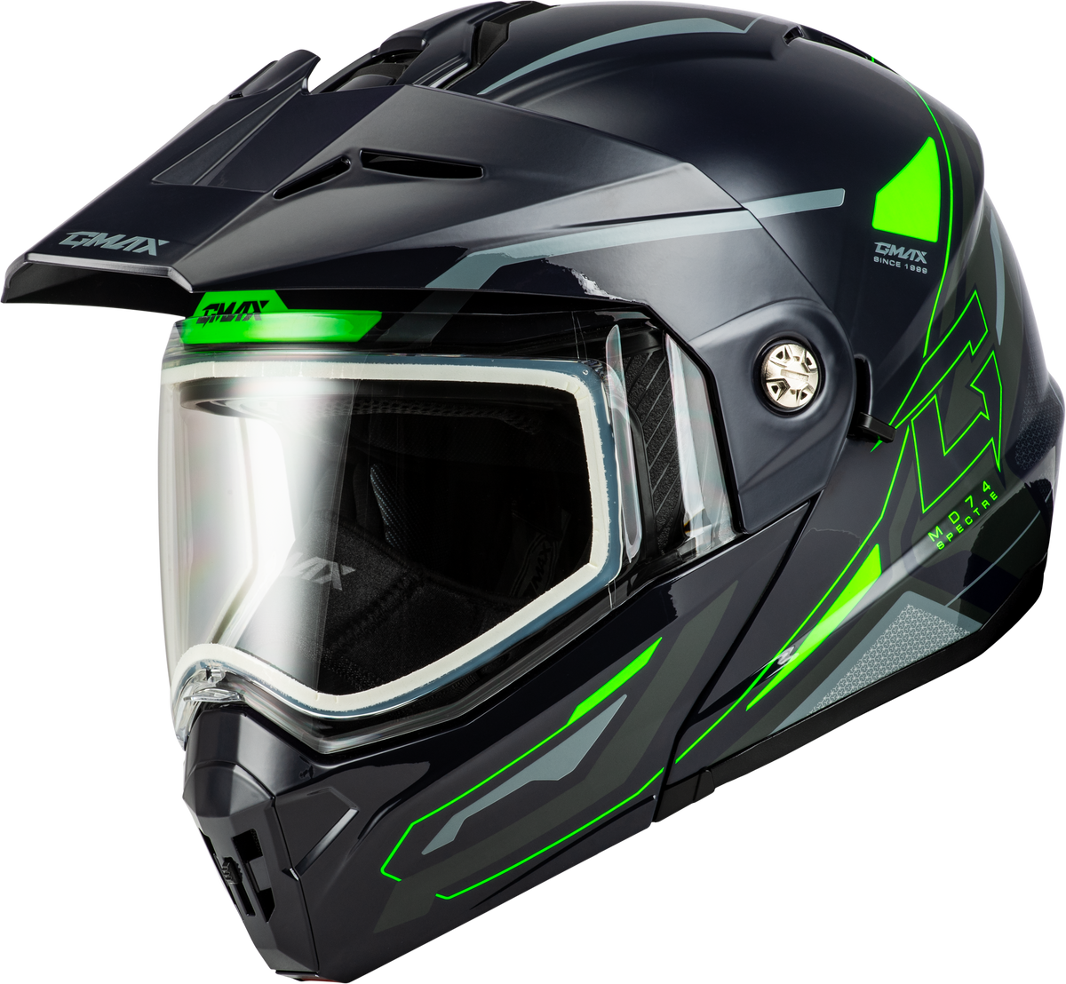 Gmax MD-74S Spectre Snow Helmet Grey/Neon Green Dual Lens ...